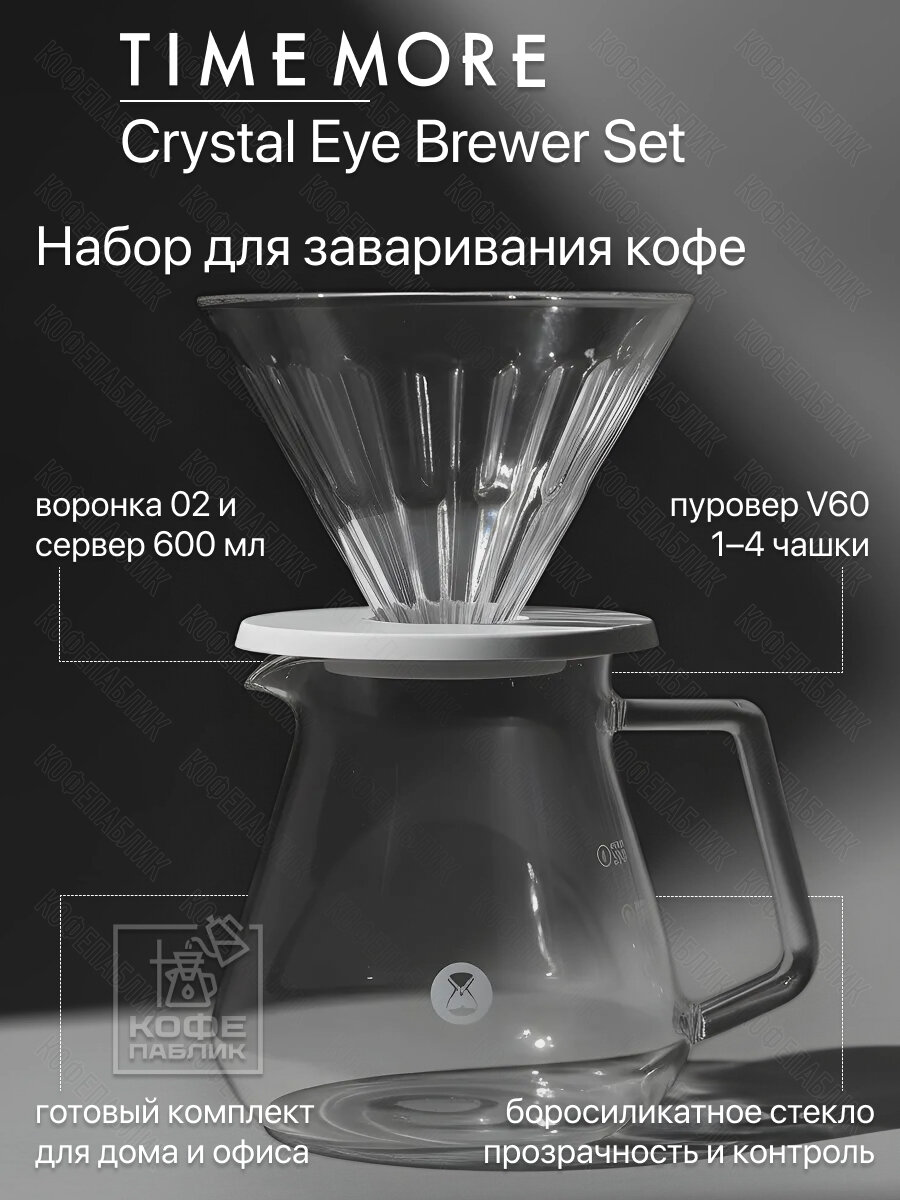 Набор для заваривания кофе Timemore Crystal Eye Brewer Set — воронка Crystal Eye Glass 02 White + сервер 600 мл
