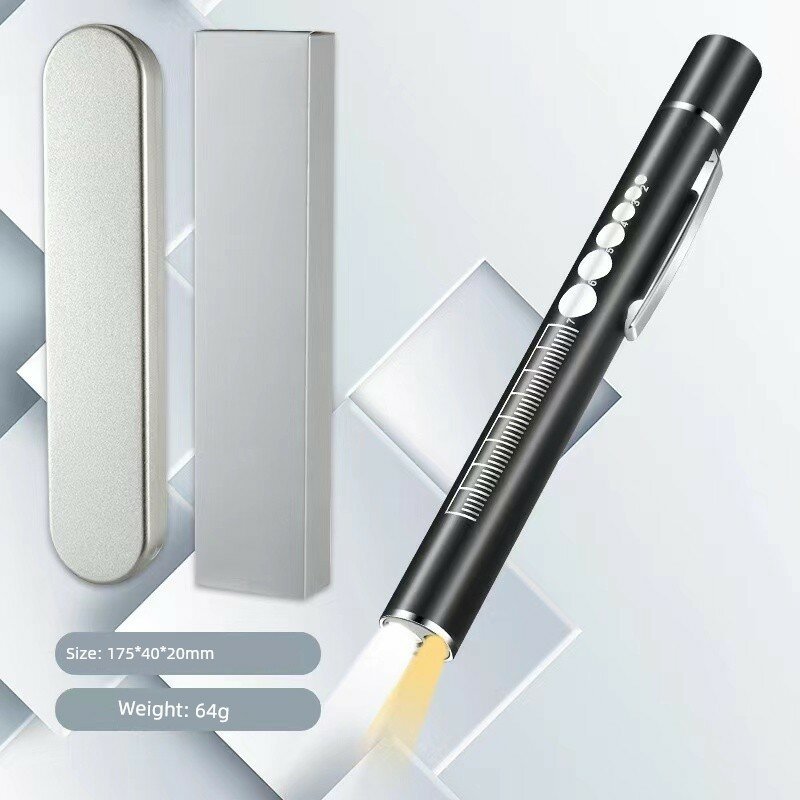 Черный фонарик с двойным желто-белым светом, толчковым механизмом, USB прямой зарядкой, шкалой и железным футляром