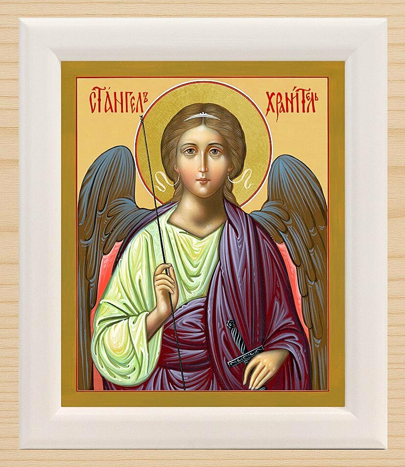 Ангел Хранитель (лик № 005), икона в широкой белой деревянной рамке 21,5*25 см