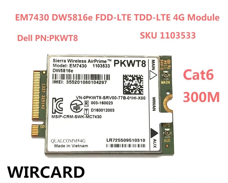 Карта EM7430 DW5816e GOBI6000 Cat6 300M 4G LTE DW5816e для DELL Latitude 7280 7285 7290 7389 7390 7480 7490 E7470