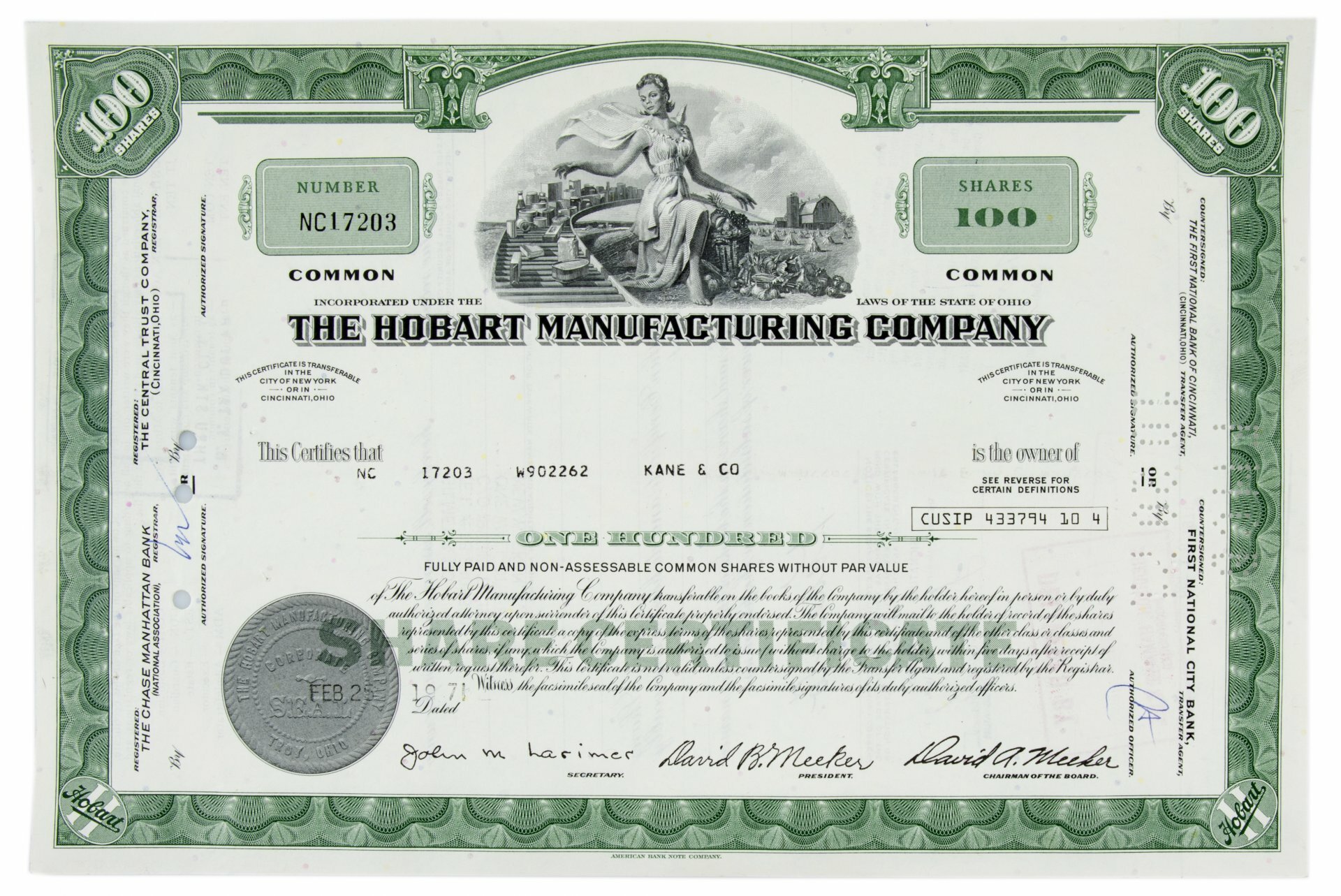 Акция США THE HOBART MANUFACTURING COMPANY 1970- 1971 гг