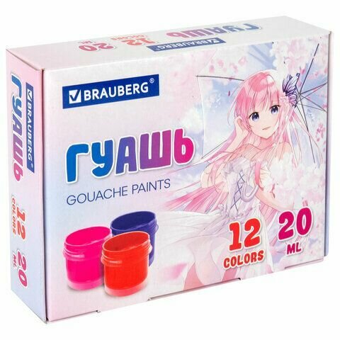 6 шт. Гуашь BRAUBERG "Аниме", 12 цветов по 20 мл, 192559