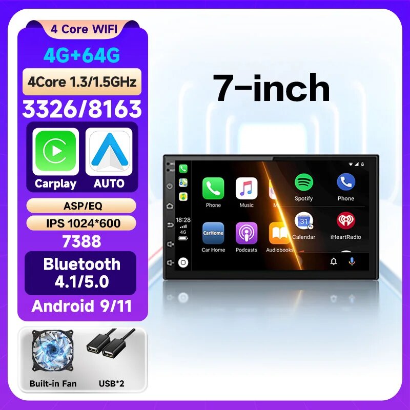 2DIN автомагнитола Android 15 с CarPlay, мультимедийный видеоплеер, универсальный, 7/9/10 дюймов, GPS-навигация, DSP, WiFi, 8-ядерный процессор, 4G