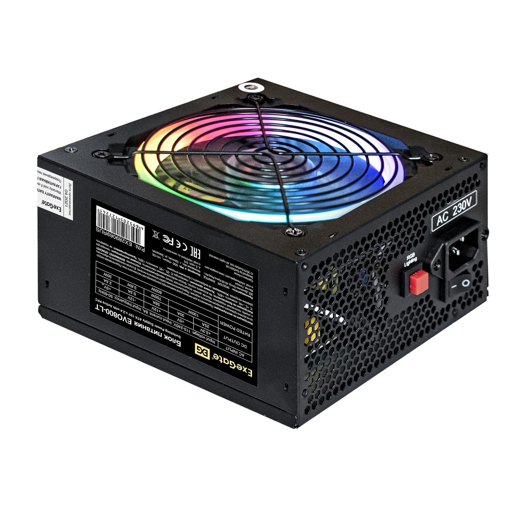 Блок питания 800W ExeGate EVO800-LT (ATX, APFC, КПД 80% (80 PLUS), 12cm RGB fan, 24pin, 2x(4+4)pin, 2xPCI-E, 6xSATA, 3xIDE, black, RTL) EX289069RUS