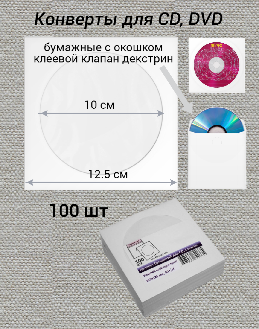 Конверты Mirex для CD, DVD дисков бумажные с окошком (100 шт) белые (37704-00000110)