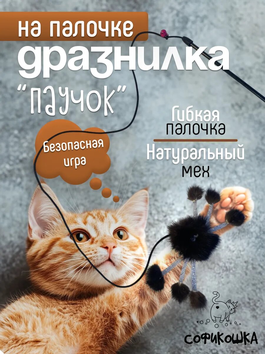 Игрушка дразнилка софикошка, для кошек, удочка с паучком, с колокольчиком
