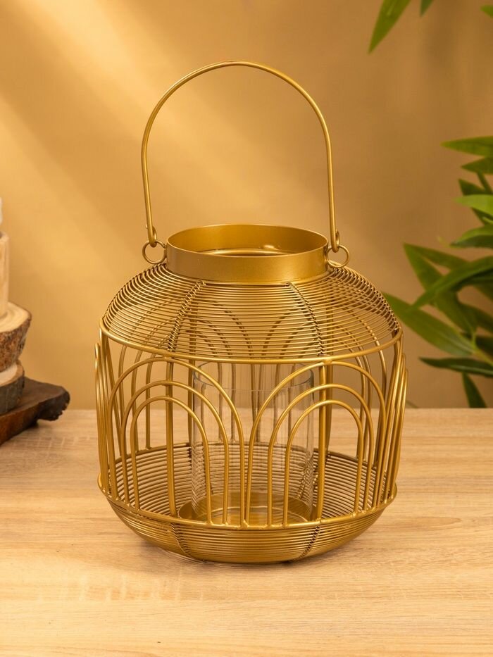 Подсвечник фонарь со стеклянной колбой, 19 19 19.5 см, d 8.5 см, металл, золотистый