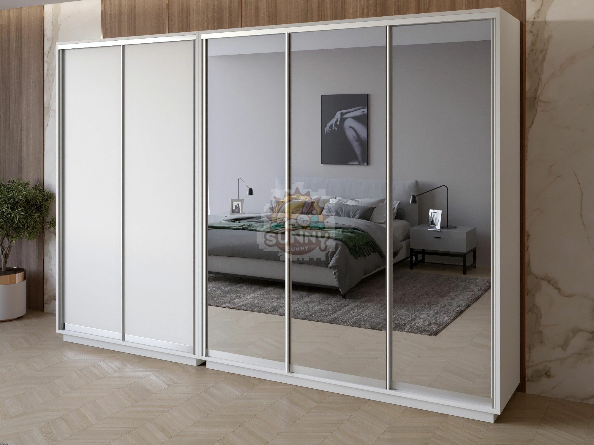 Шкаф-купе Вилли 5-ти дверный модульный (2+3) ЛДСП-2/Зеркало-3, профиль серебро, 300х60х240 см. Белый снег