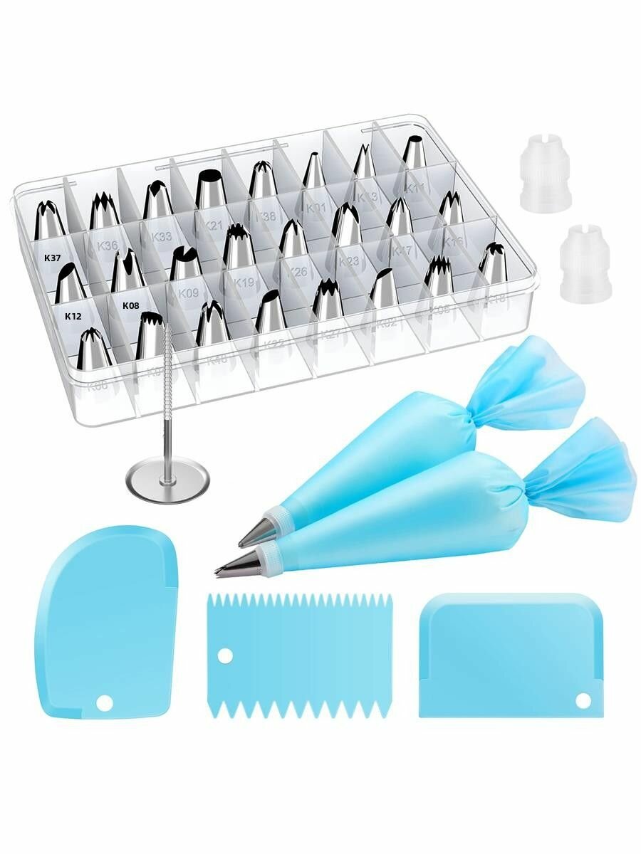 Набор для декора выпечки 32 предмета. 24 насадки из нержавеющей стали, 2 многоразовых кондитерских мешка.