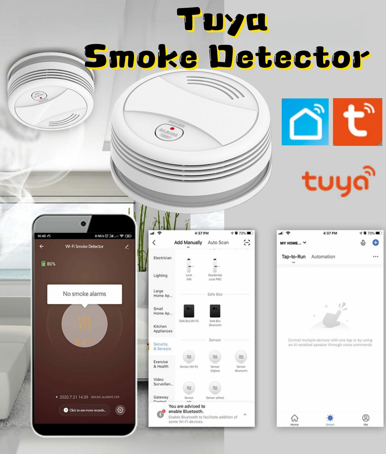 Умный Wi-Fi датчик дыма Tuya, фотoэлектрический сенсор, громкая сирена 90 дБ, оповещение через приложение, пожарная сигнализация для дома и офиса