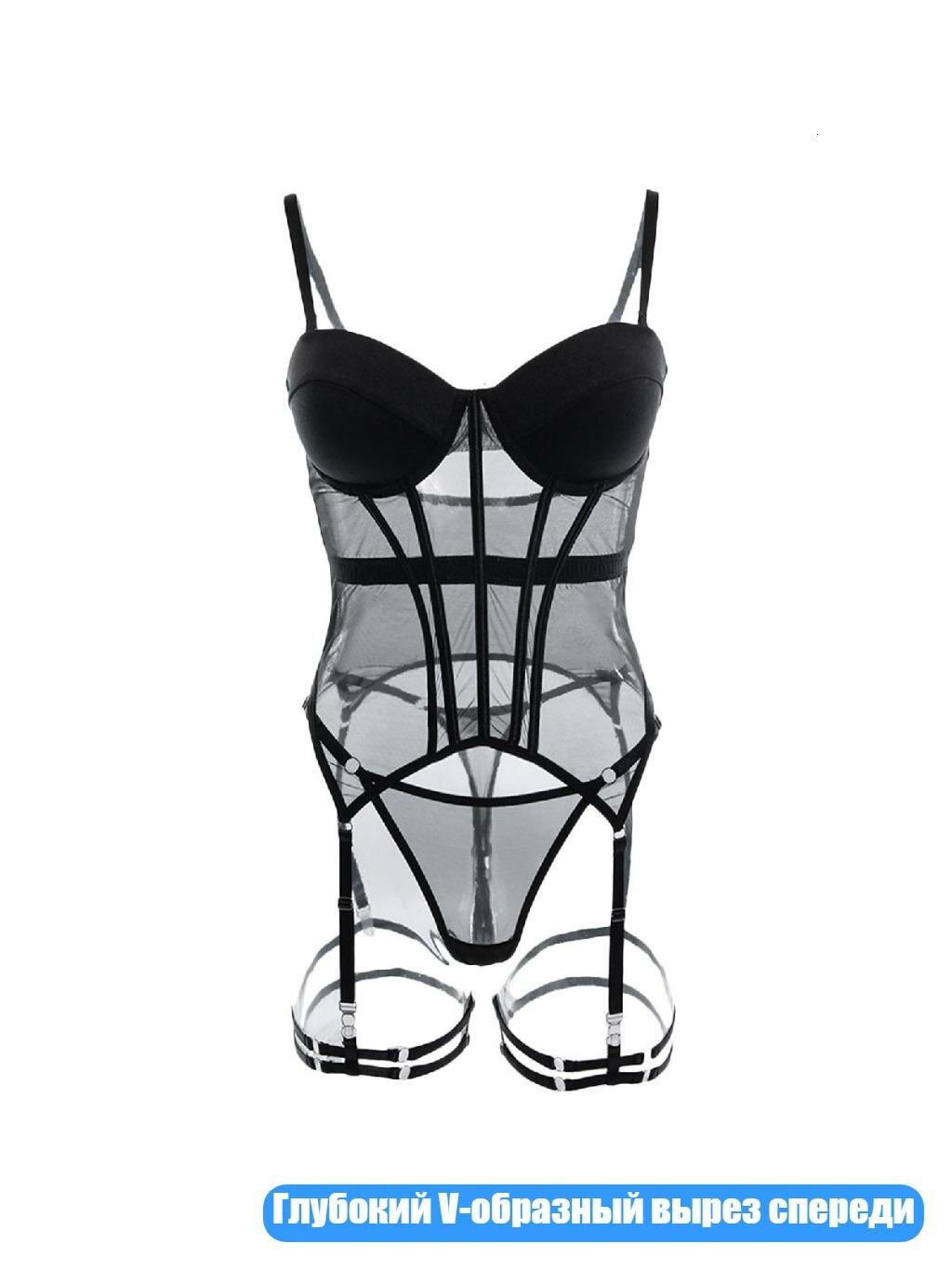 Сексуальное женское боди с поясом для чулок, Черный - L