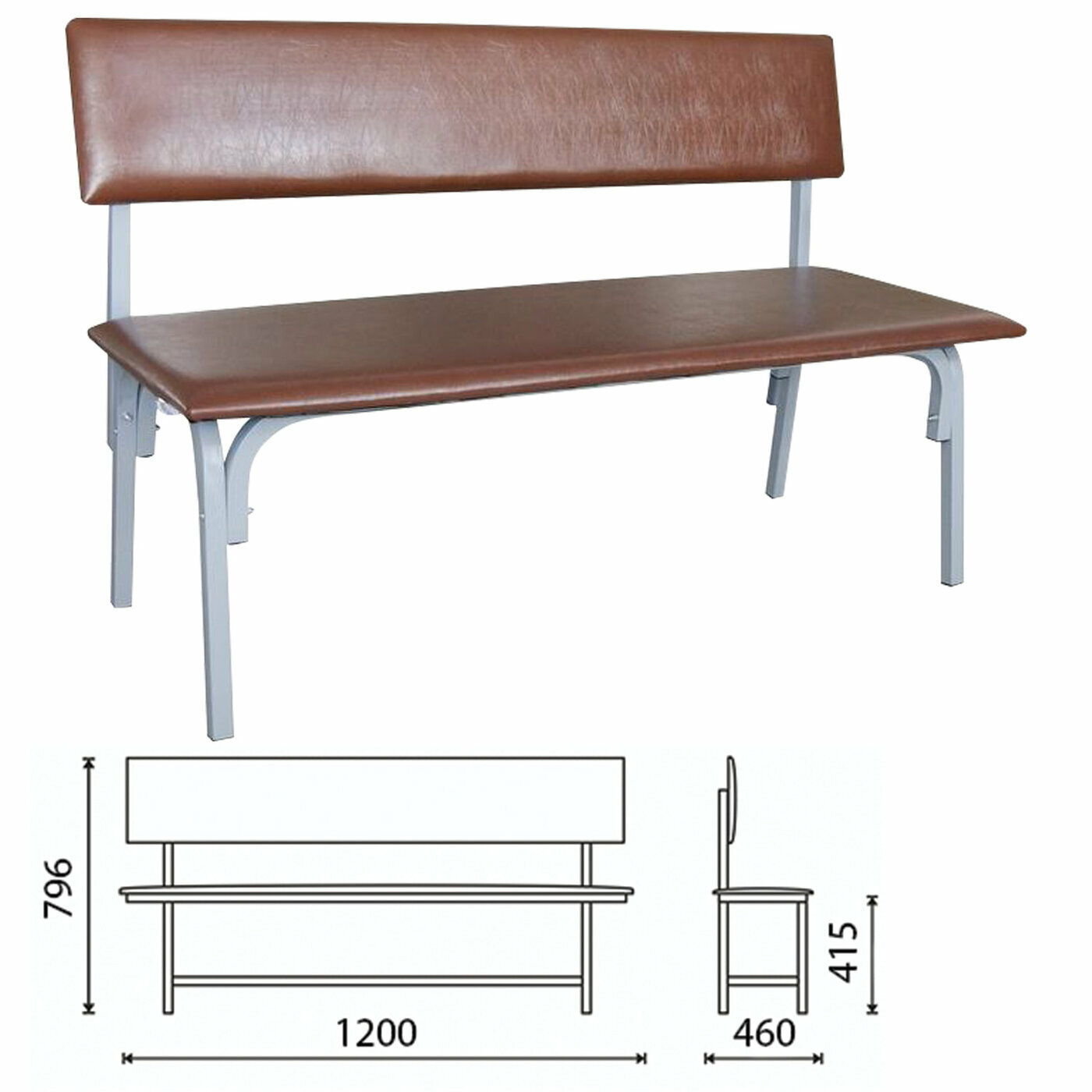 Банкетка COMFORUM со спинкой, "Астрид", 1200х470х796 мм, серый каркас, кожзам, коричневый