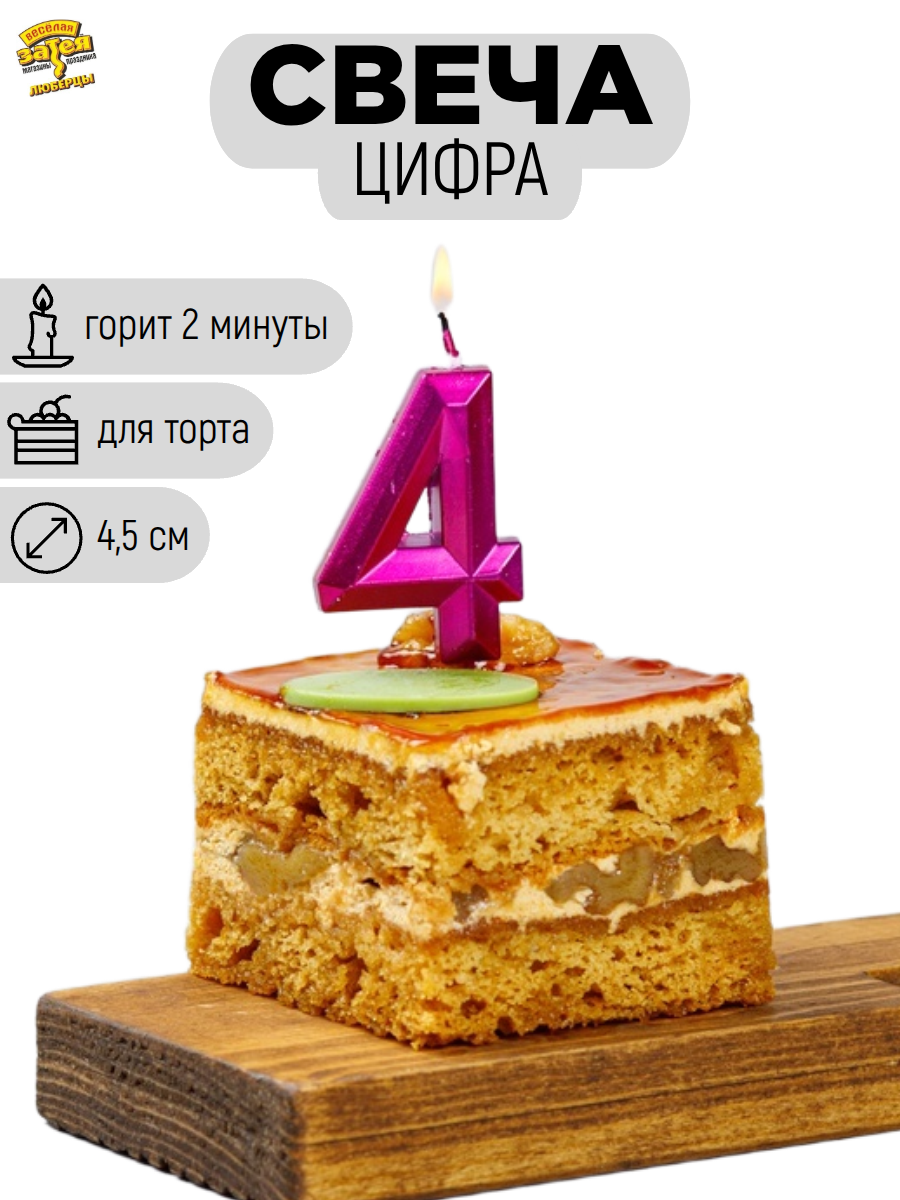 Свеча-цифра "4" для торта, цвет: ярко-розовый, высота: 4,5 см