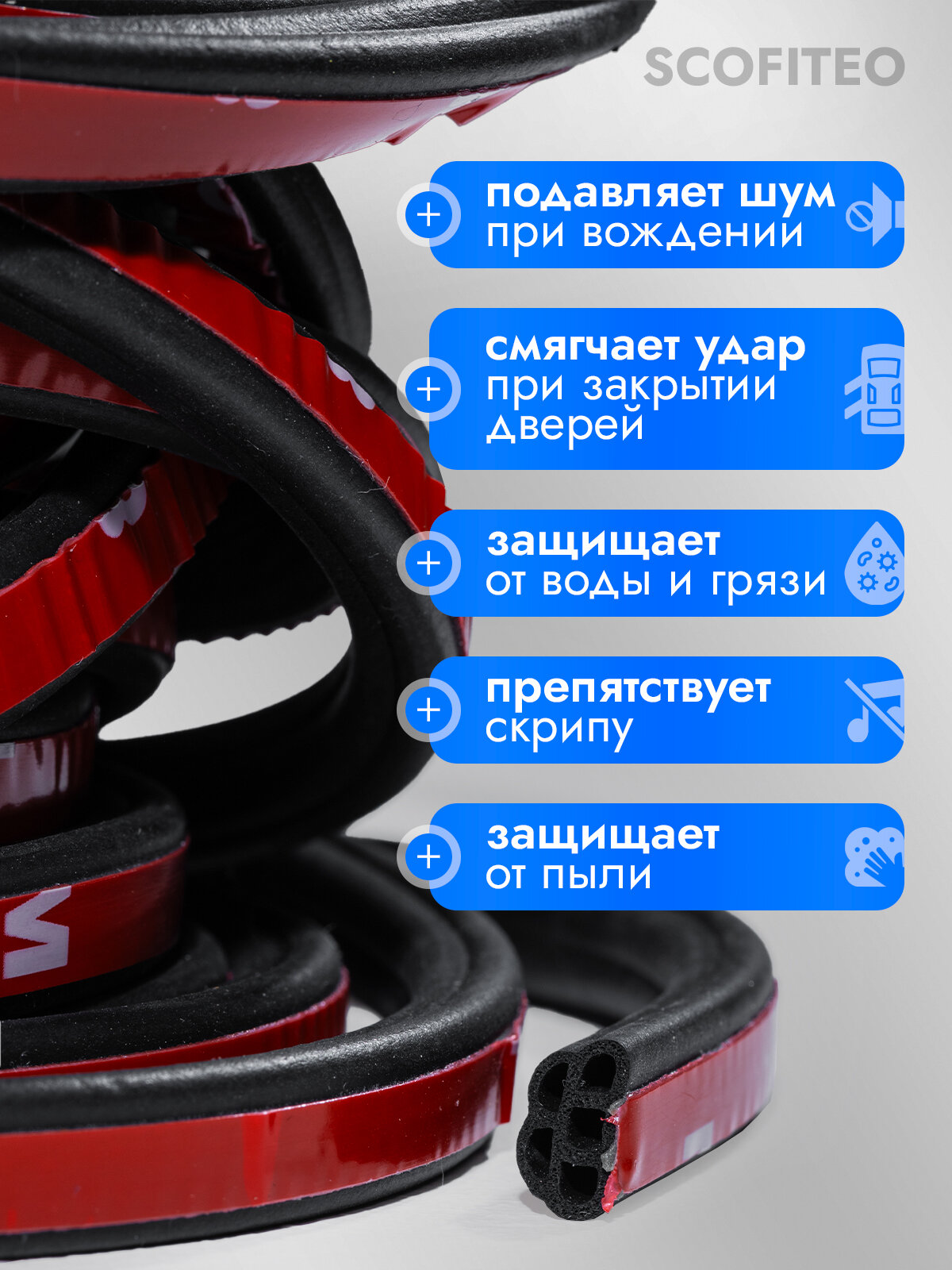 Уплотнитель автомобильный для дверей, кузова, капота, самоклеящийся, 5-камерный, SCOFITEO — фото 1