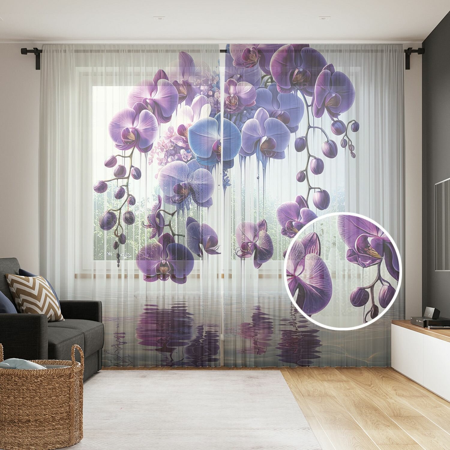 Тюль, фототюль длинный JoyArty "Отражение орхидеи" высота 265 см, ширина 145 см (по 2 полотна)