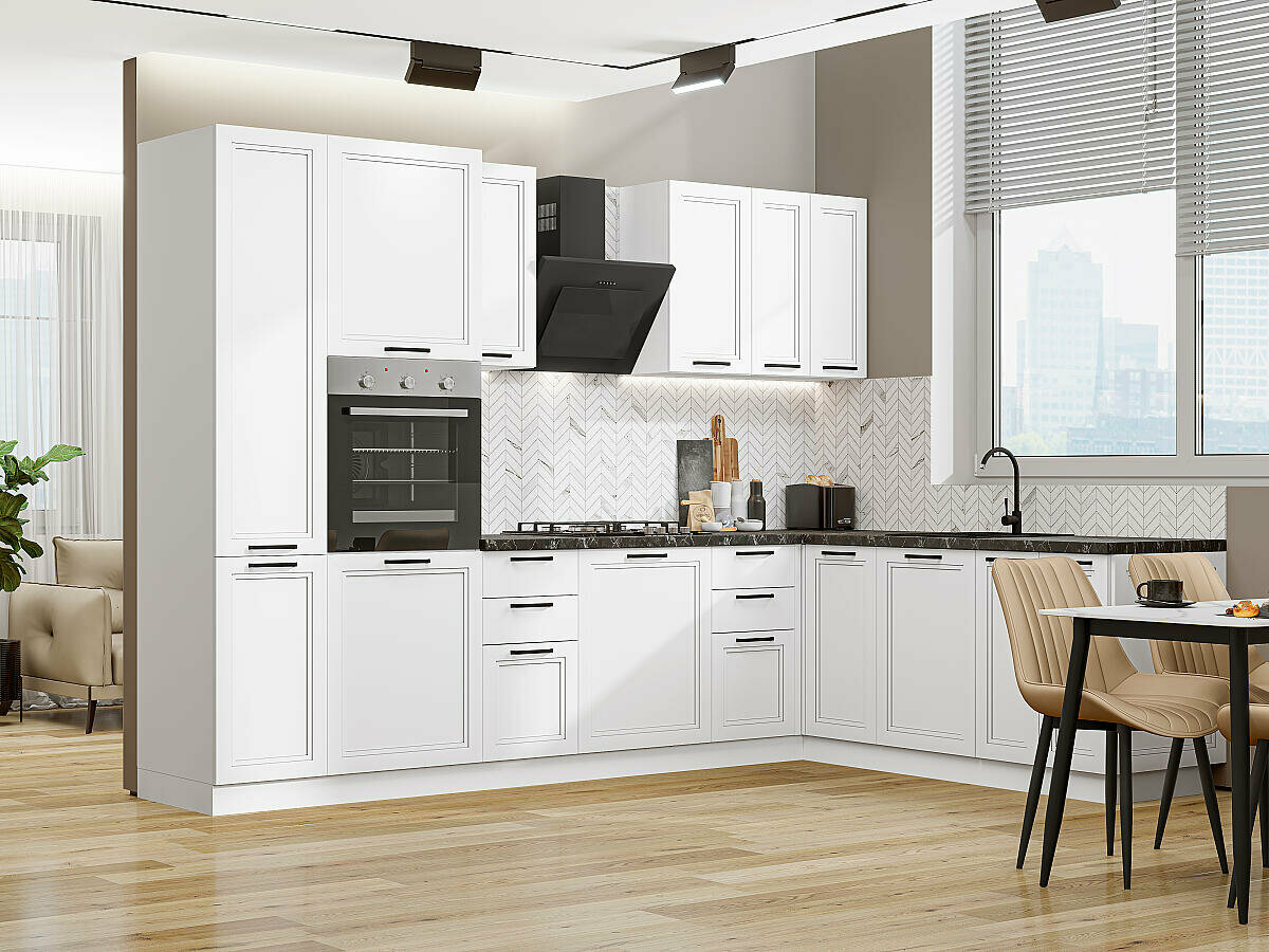 Кухонный гарнитур угловой кухня без столешницы Нео-03 2140*3000-2100*600 White Silk