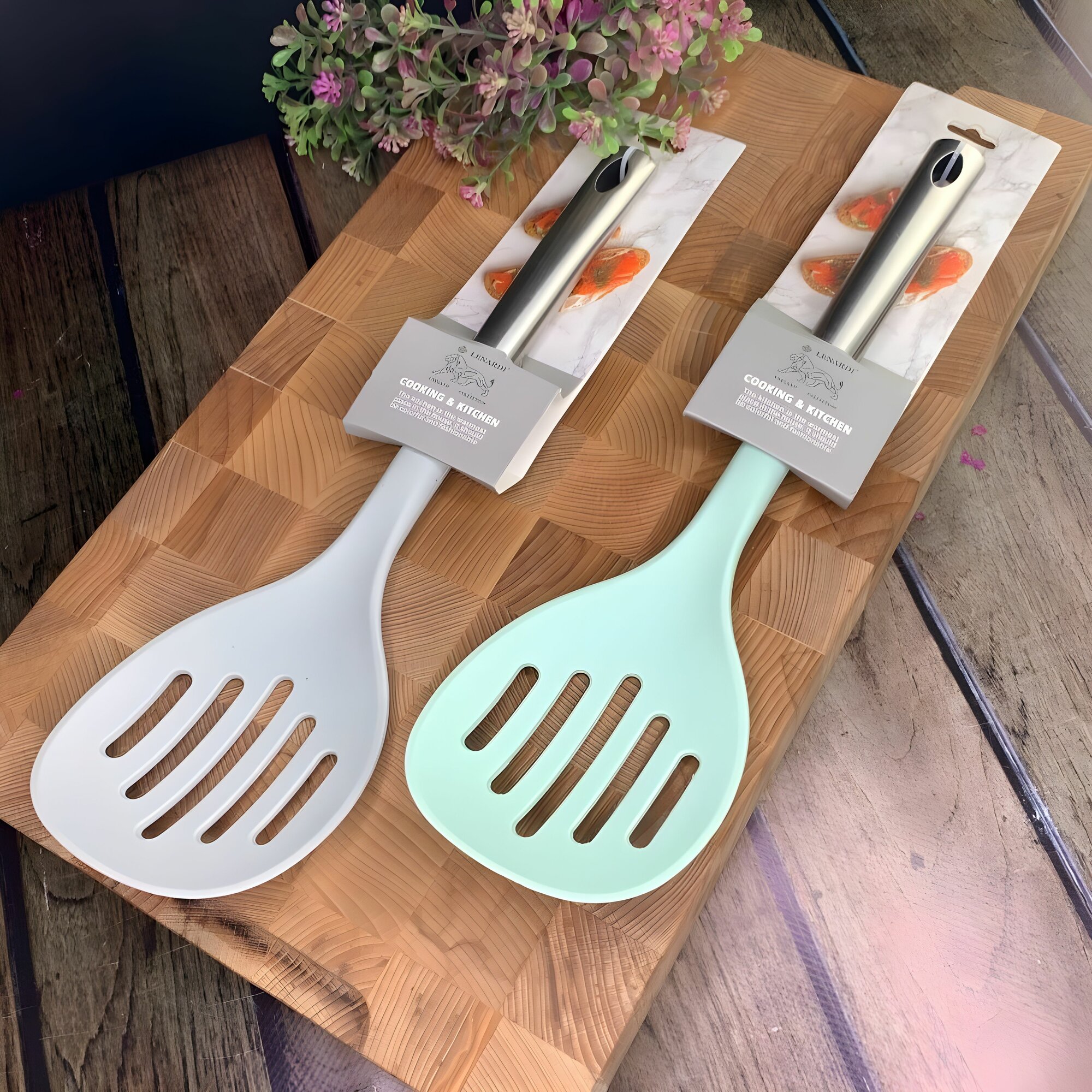 Силиконовая шумовка с прорезями 36 см, кухонная ложка шумовка цвет микс