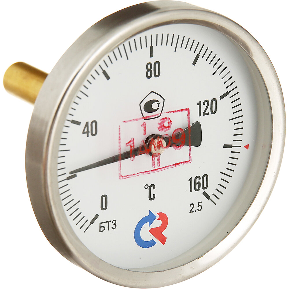 Термометр осевой Росма БТ-31.211 до 160°С L=46мм G1/2 2.5 биметаллический общетехнический 63 мм, тип БТ-31.211, осевое присоединение, шкала 0-160°С, длина штока L=46 мм, резьба G1/2, класс точности 2.5, с защитной латунной погружной гильзой