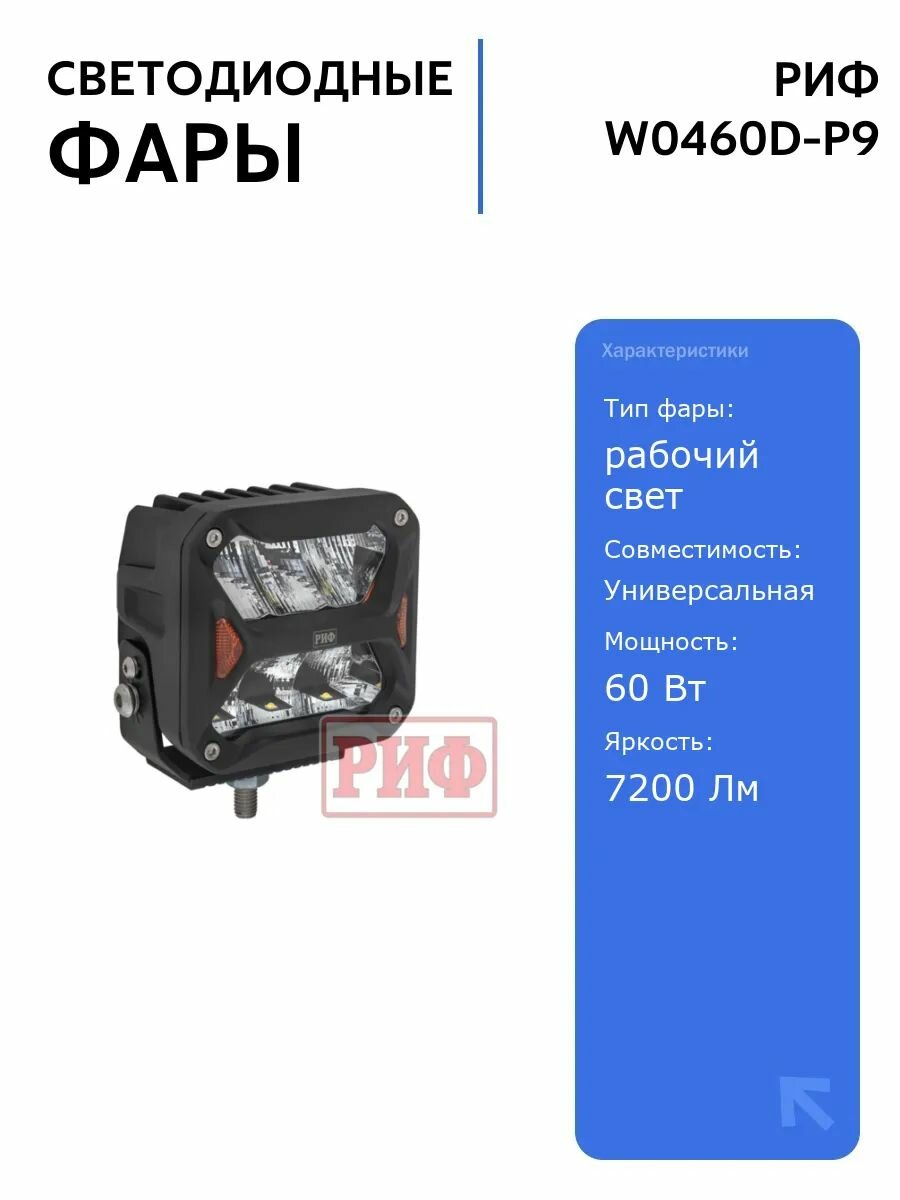 Светодиодная фара РИФ 60W LED 107x102 мм для внедорожников, грузовиков и спецтехники с защитой IP67 и яркостью 7200 Лм