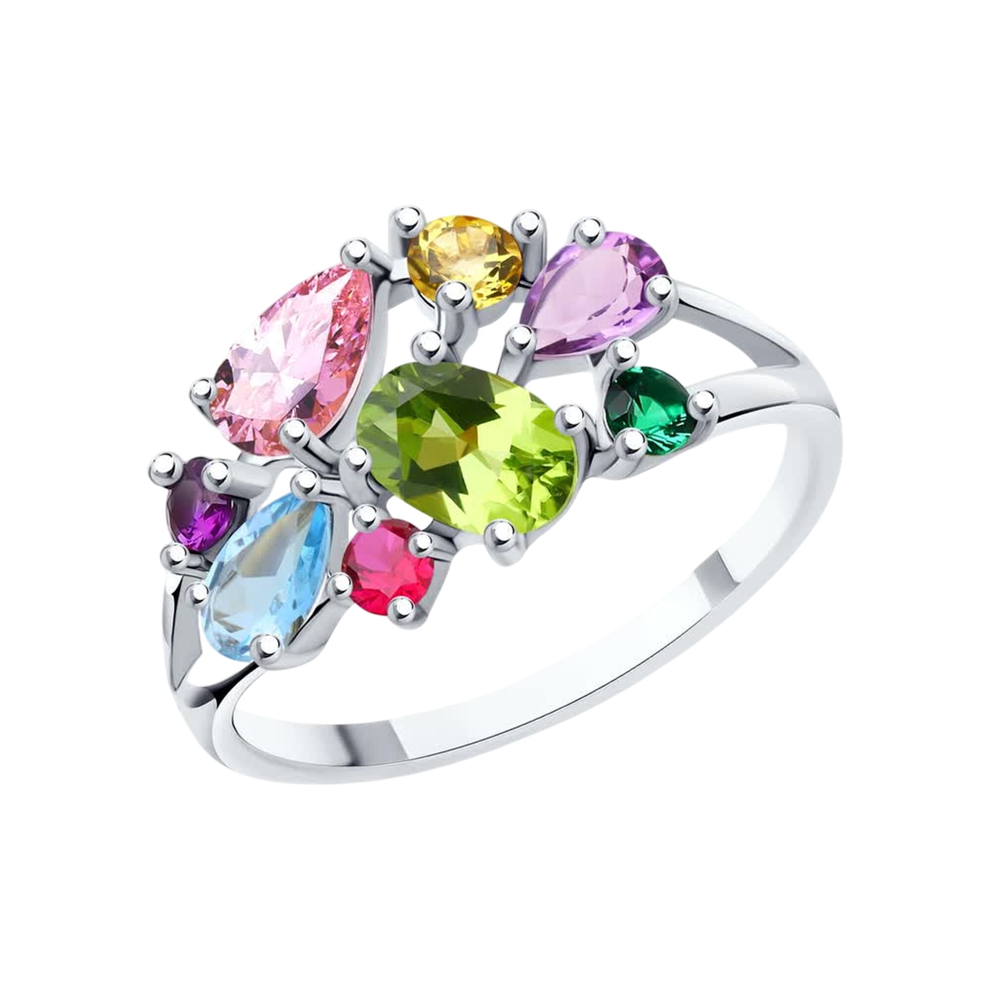 Кольцо, серебро, 925 проба, родирование, хризолит, корунд, топаз, фианит, аметист