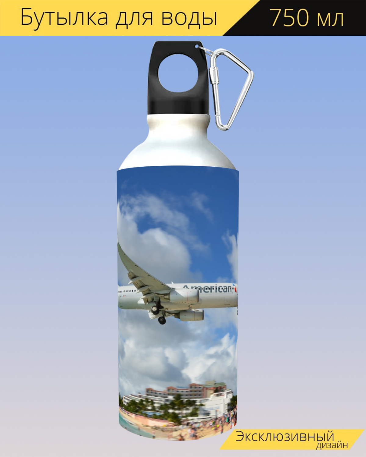 Бутылка фляга для воды "Самолет, боинг, авиация" 750 мл. с карабином и принтом