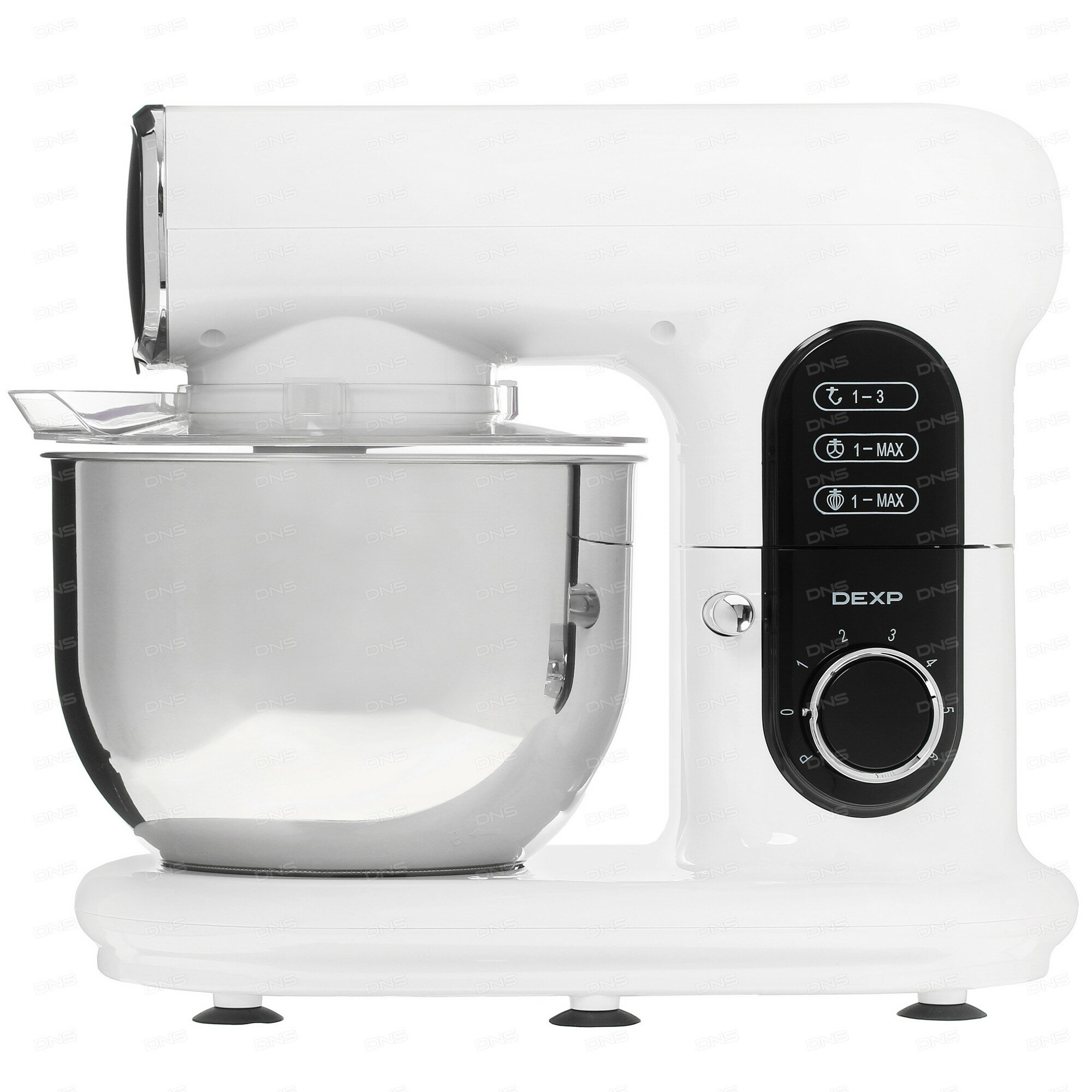 Миксер DEXP PM-1400, 6 скоростей, планетарное вращение насадок, чаша из нержавеющей стали, белый