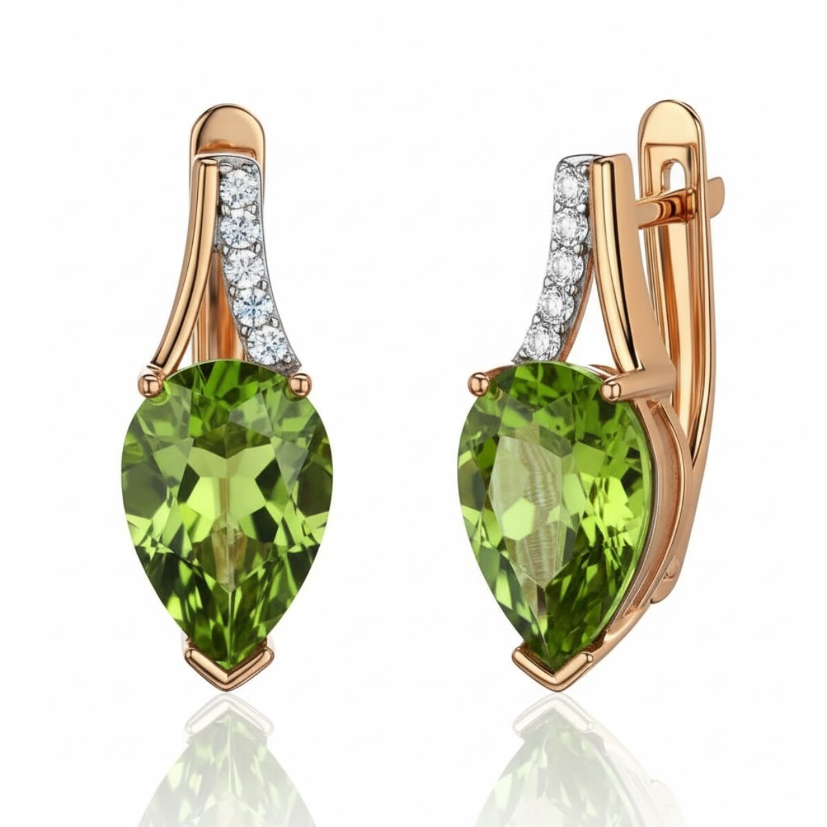 Серьги, красное золото, 585 проба, фианит, хризолит