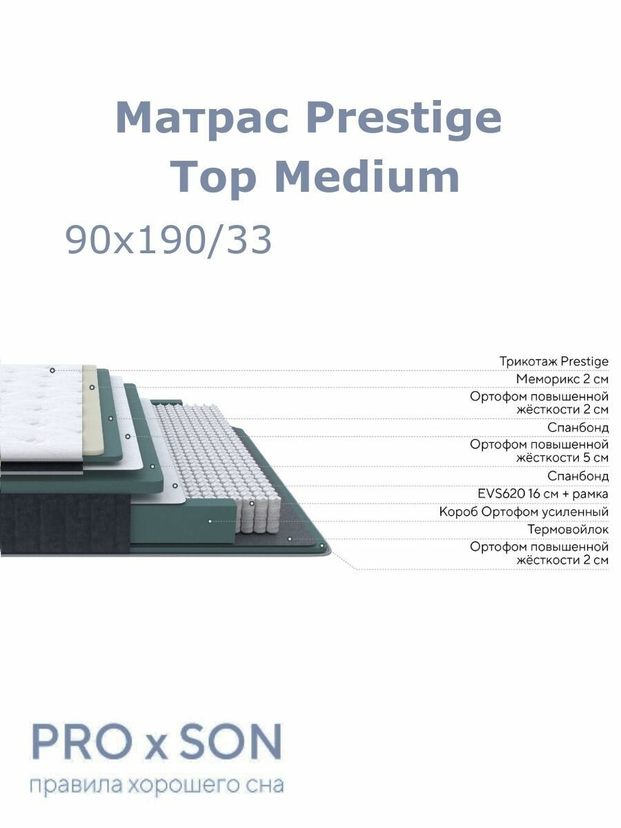 Матрас ортопедический 90х190 пружинный 33 см средняя жесткость с эффектом памяти PROSON Prestige Top Medium