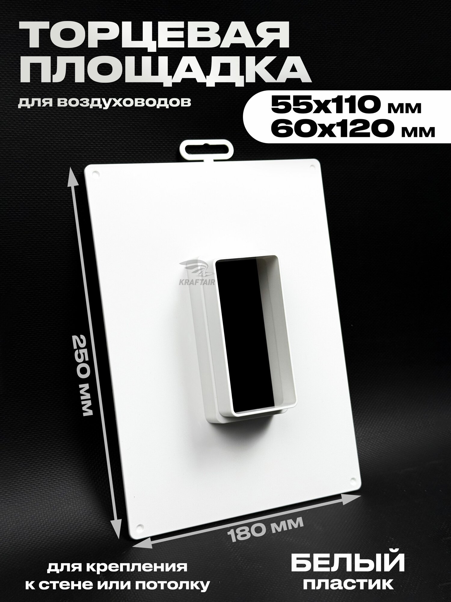 Торцевая площадка вертикальная, фланец, для воздуховода 55х110 мм и 60х120 мм, 250х180мм, белый пластик