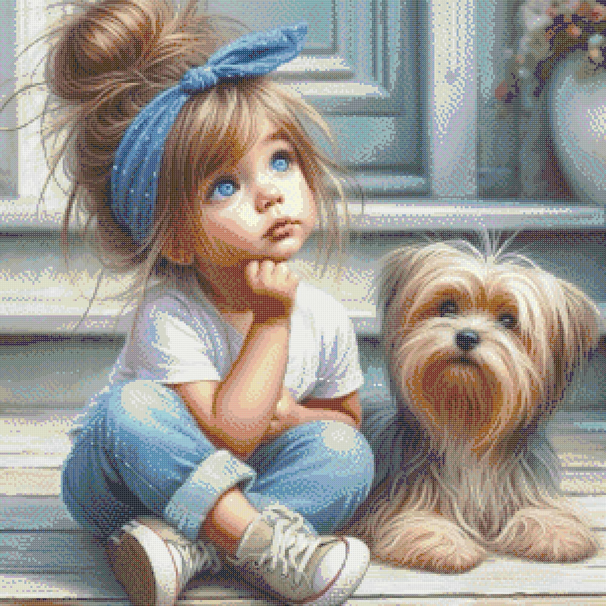 Схема вышивки бисером Девочка с Йорком (без бисера) 300х300 стежков (60х60 см) 73 цвета