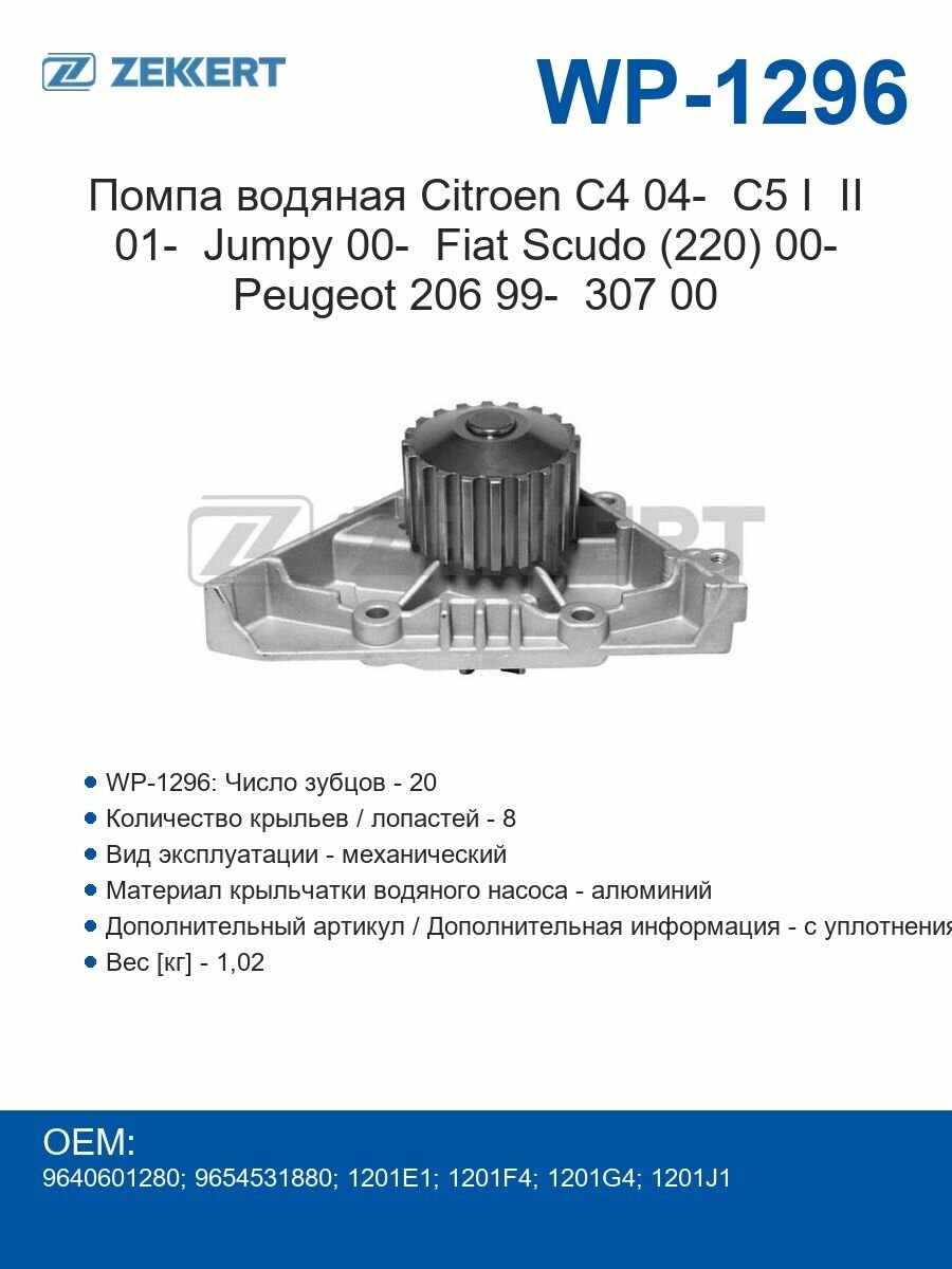 Zekkert Помпа водяная Citroen C4 04- C5 I II 01- Jumpy 00- Fiat Scudo (220) 00- Peugeot 206 99- 307 00