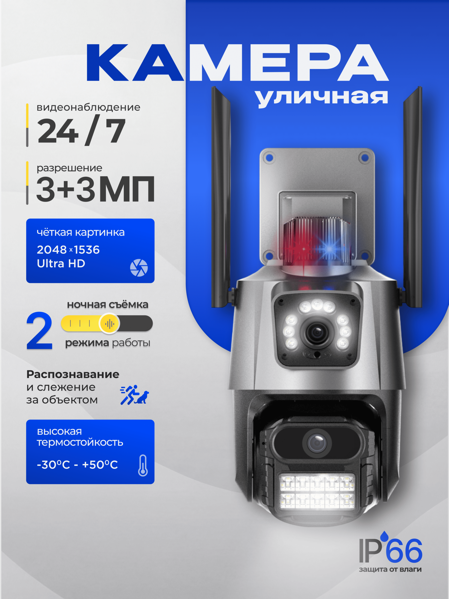 Уличная камера видеонаблюдения с двумя объективами 2 камеры с мигалкой и сиреной Wi-Fi, черная