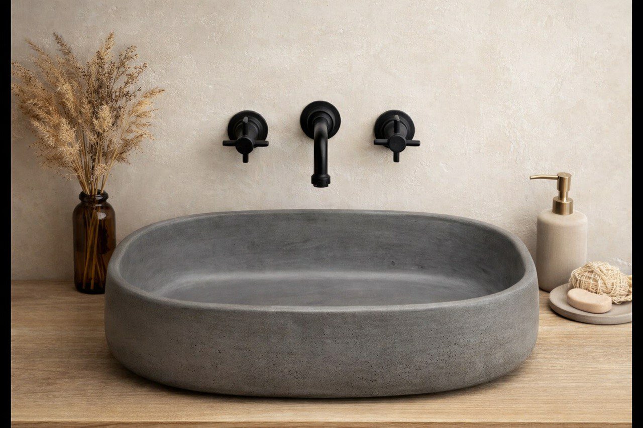 Раковина Венеция накладная из бетона, серая, для ванной, на тумбу стол столешницу, умывальник