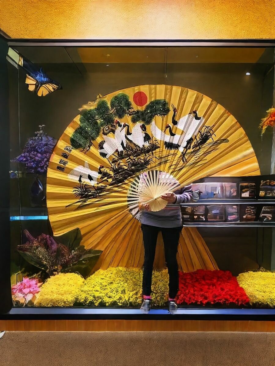 Китайский большой веер на стену/Лошади/ бамбук, шелк