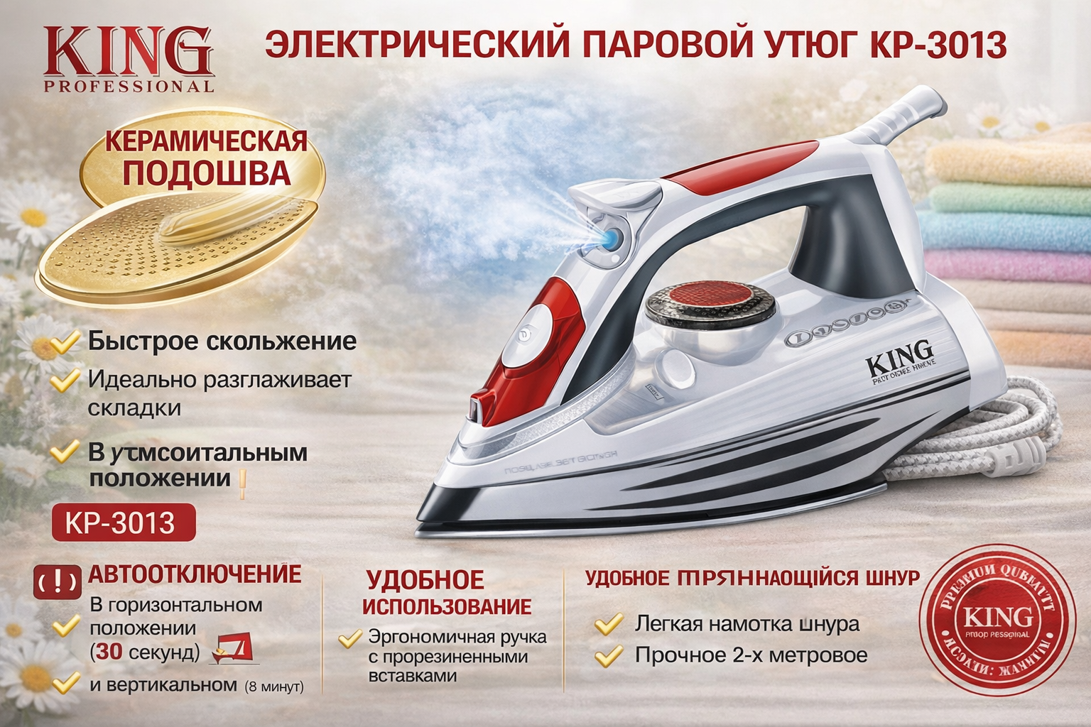 Электрический паровой утюг KING Professional KС-3013 с керамической подошвой и мощным паром