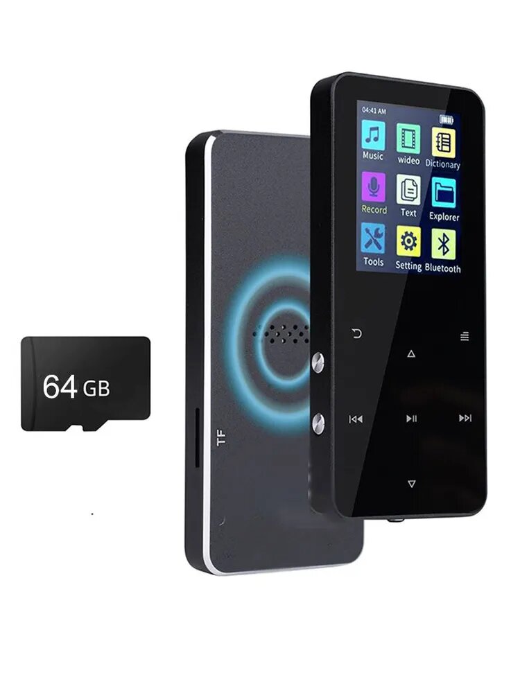 MP3-плеер с 64 ГБ памяти, черным матовым корпусом, поддержкой Bluetooth, микро SD и диктофоном