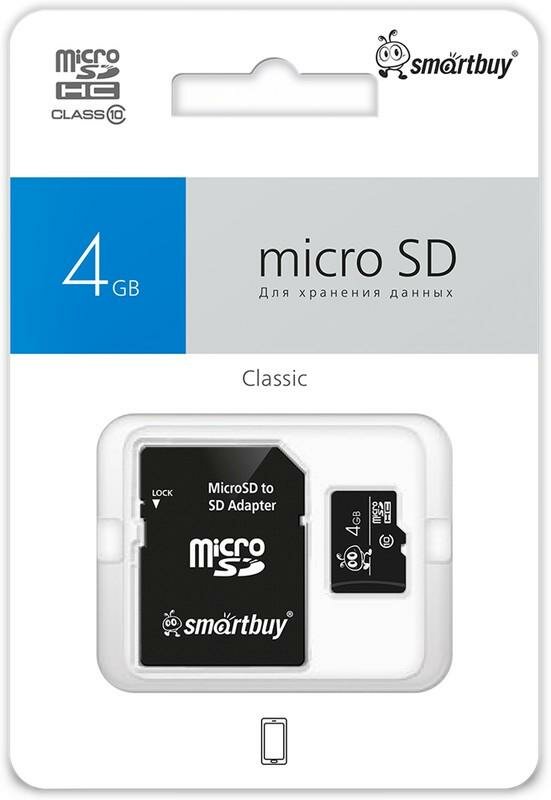 Карта памяти microSDHC Smartbuy 4Gb Class 10 SB4GBSDCL10-01, 1шт.