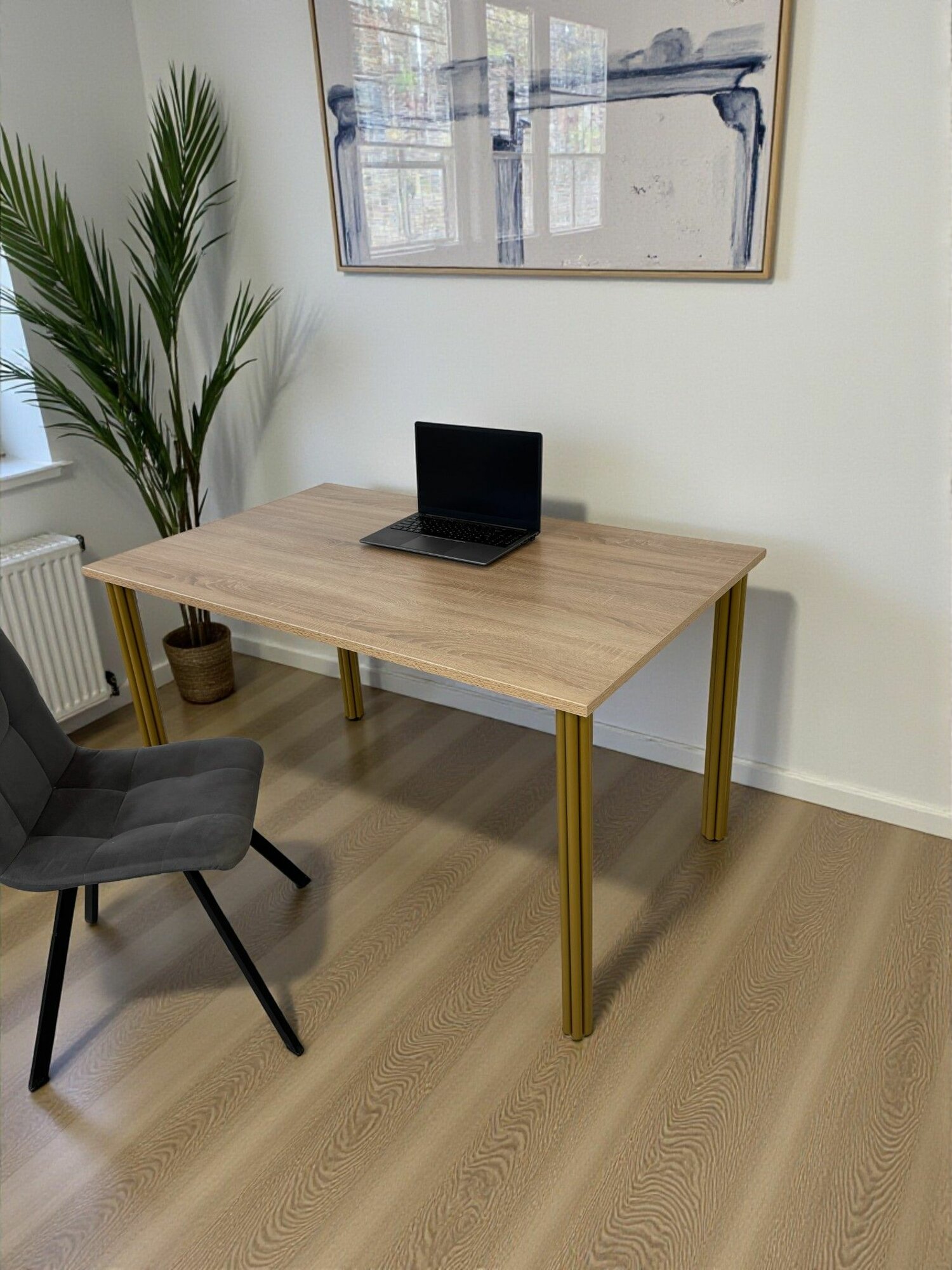 Стол дизайнерский компьютерный/ цвет Дуб Сонома, 130*80 см. Ножки золото.