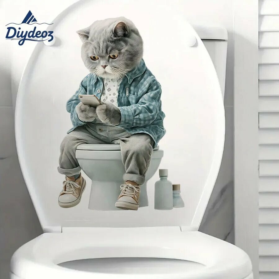 Наклейка на унитаз Кот со смартфоном , Забавный декор для ванной комнаты