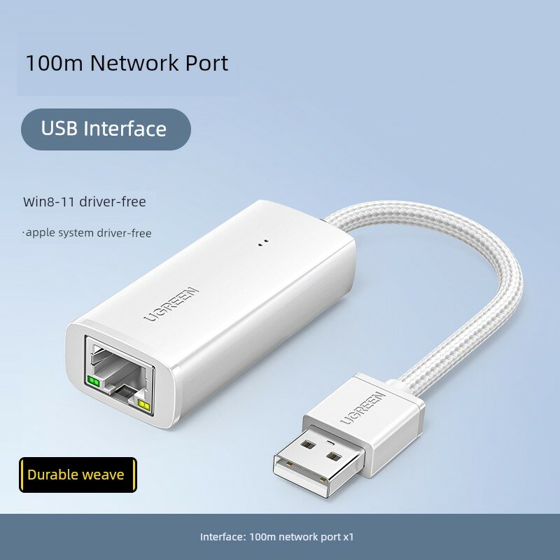 USB к Ethernet адаптер 100 Мбит/с, белый, прочный плетеный кабель, надежное соединение интерфейса