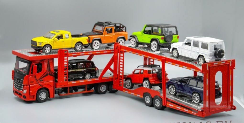 Автовоз+7 машинок. Металл. MERCEDES-BENZ Actros 1851. Большой 1:24 ( 66 см )