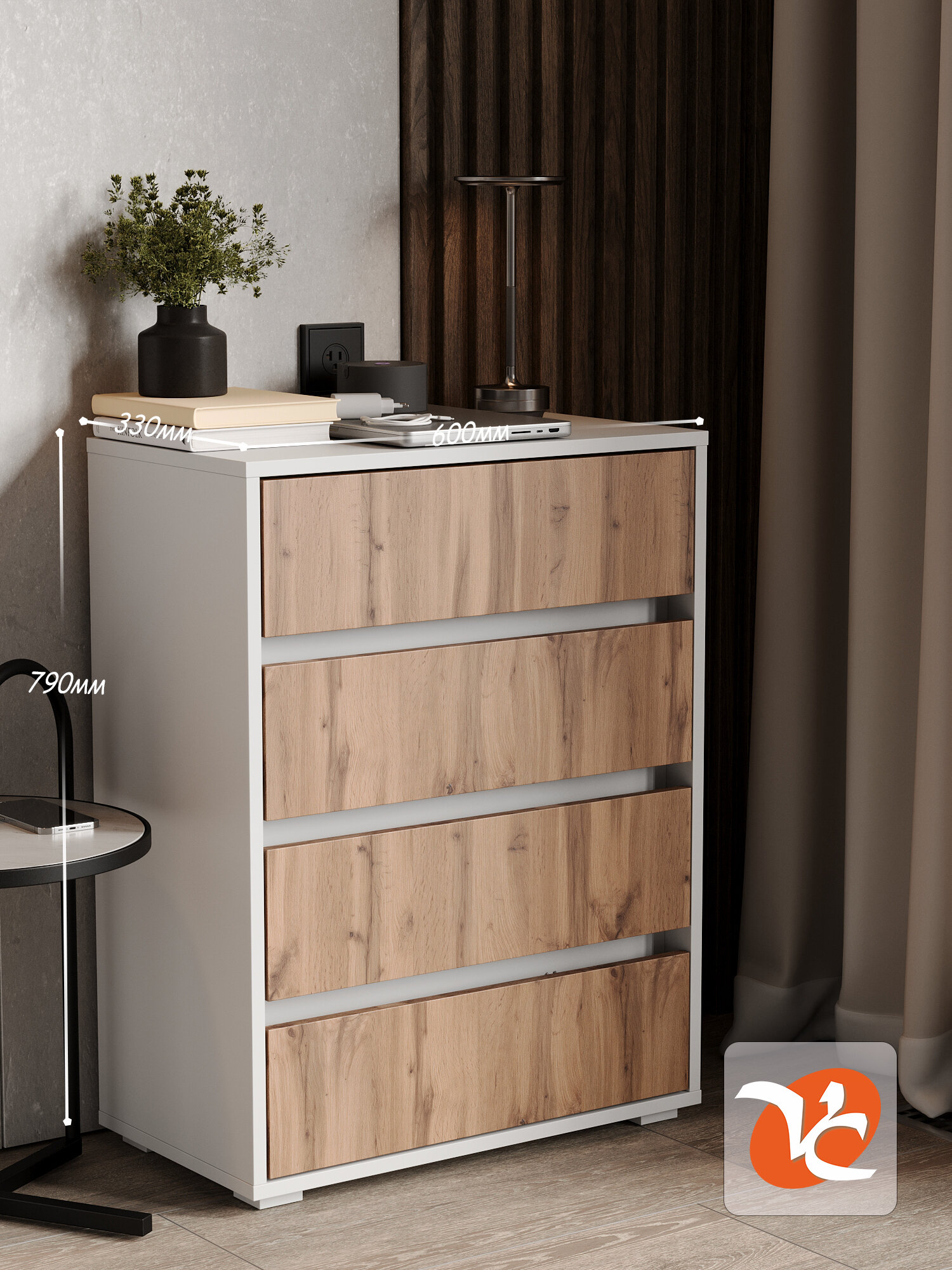 Комод Volodin&Co "Дуб вотан", для белья, роликовые направляющие, белый/дуб вотан