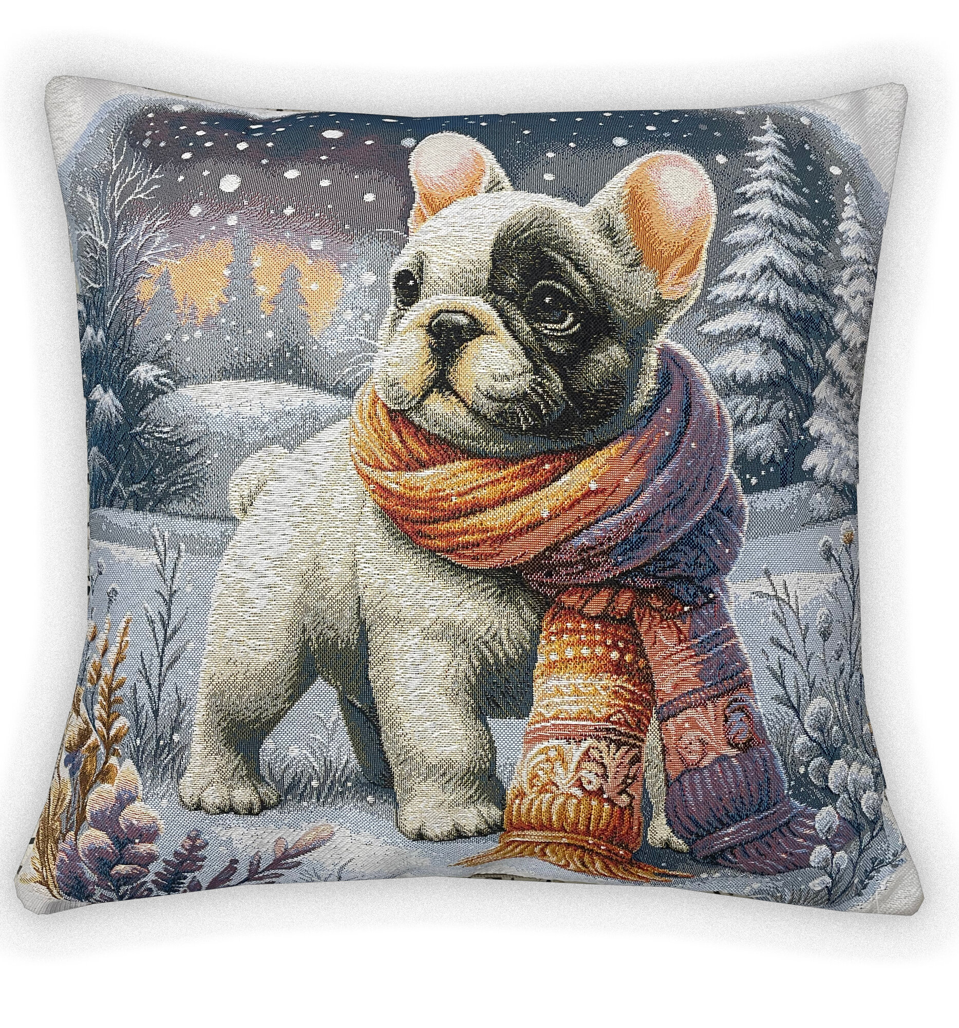 Декоративная гобеленовая наволочка "Французский бульдог и снегопад" 45х45 см MIDA VANERI