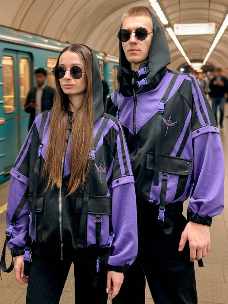 Кофта-бомбер оверсайз в стиле Cyberpunk с ремнями и карманами в Корейском стиле Хардзюку размер: XL