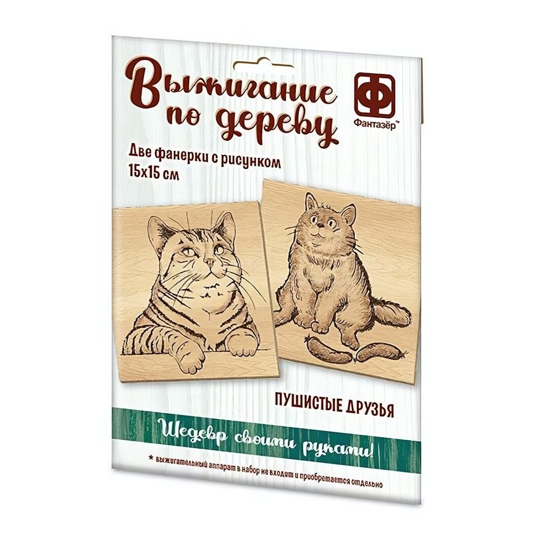 Набор для выжигания по дереву "Пушистые друзья", 2 фанерки 14,6х14,6 см с рисунком кошек, для детей от 7 лет