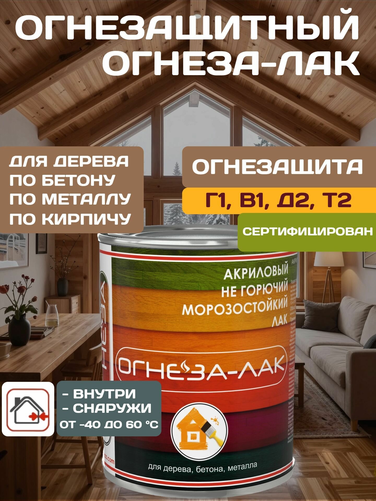 Лак акриловый огнезащитный для дерева огнеза ЛАК ОД , матовый, бесцветный, 1л (0,8кг)