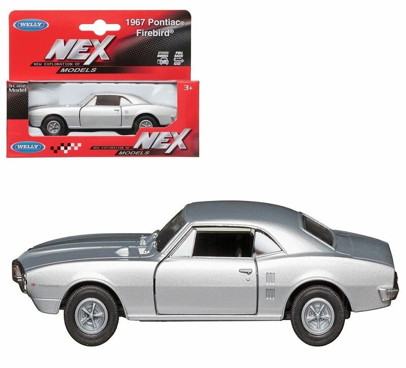 Машинка Welly Pontiac Firebird 1967. масштаб 1:38, пружинный механизм, серебристый цвет