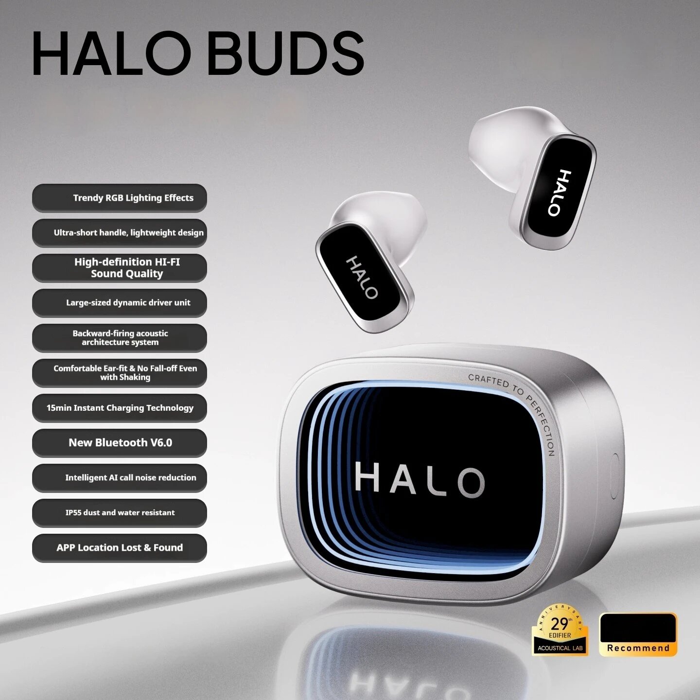 Halo Buds Wireless Gaming Headphones AI Call Noise Reduction In-ear Earphones 13.6mm Dynamic Driver Long Battery Life Earbuds
