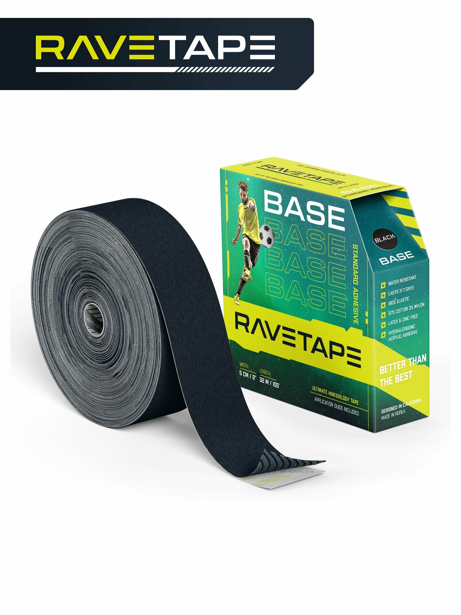 RaveTape BASE Черный, 32м х 5см, кинезио тейп, 1 шт. в упаковке
