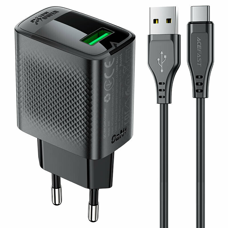 Сетевая зарядка ACEFAST A90 QC18W GaN single USB-A charger (EU), чёрный AF-A90-BK
